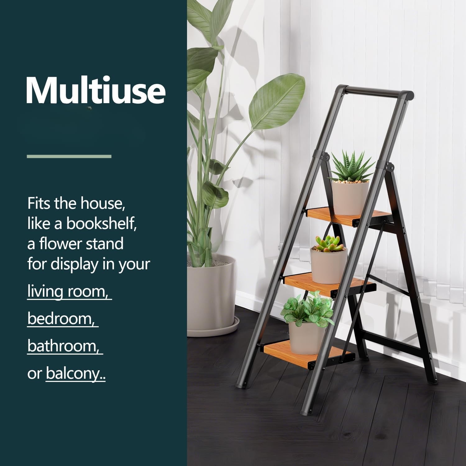 3 Step Aluminum Folding Ladder - Black & Wood Grain, 300 lbs Capacity ...