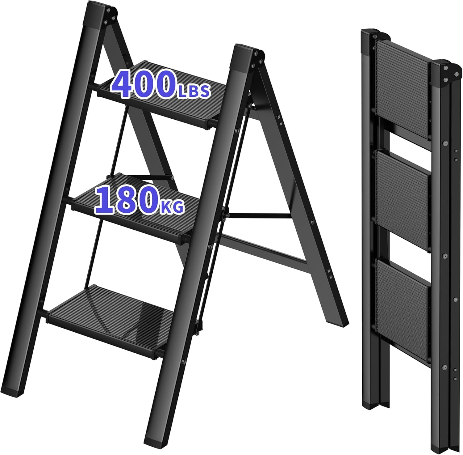 3 Step Aluminum Ladder, Lightweight Folding Step Stools for Adults with ...
