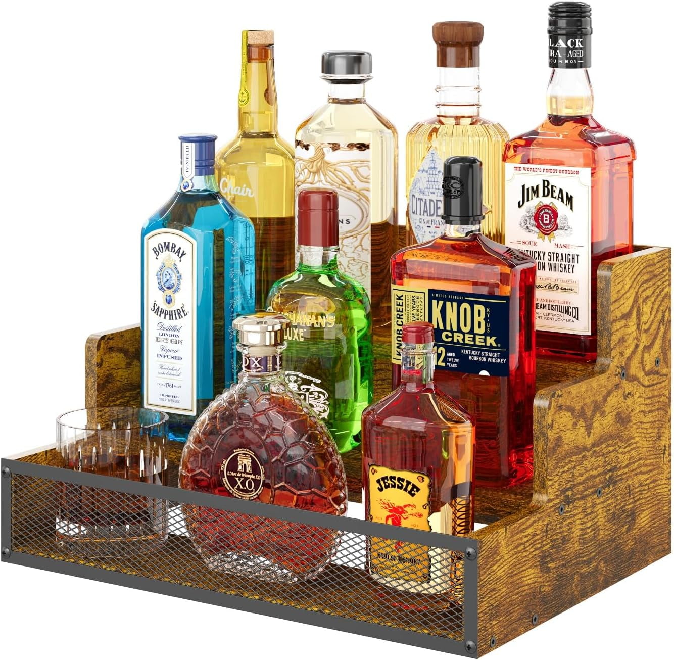 3 Step Countertop Liquor Bottle Display Shelf, Wood Bar Shelves 12 ...