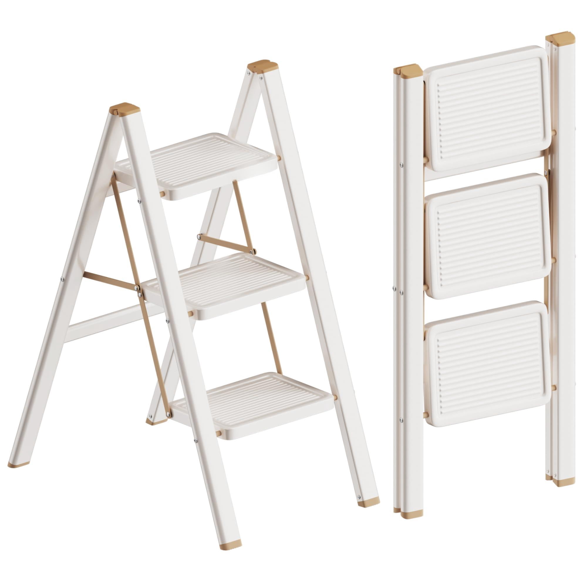 3 Step Cream Chocolate Foldable Iron Stepladder For Home And Kitchen ...