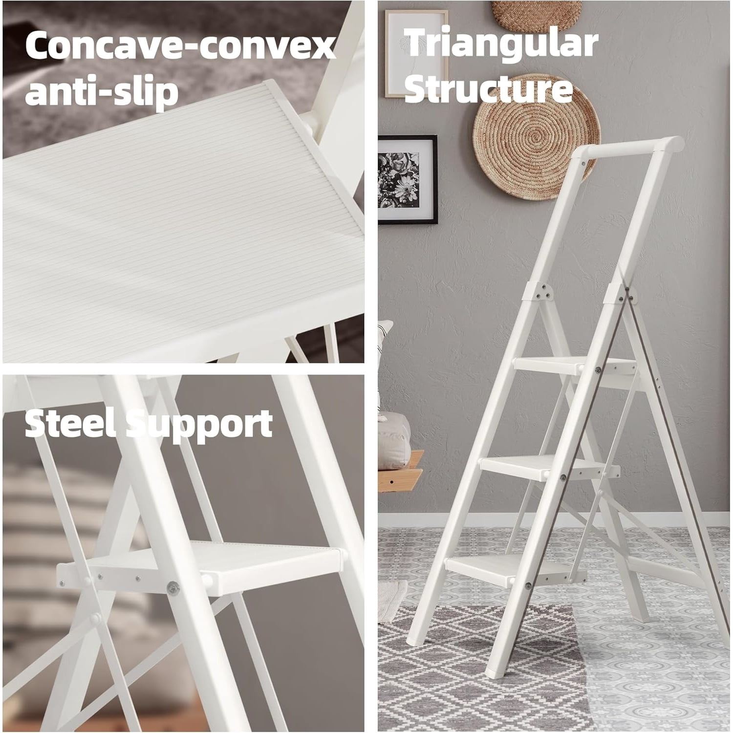 3 Step Foldable Aluminum Step Ladder with Handgrip, Anti-Slip Pedal ...