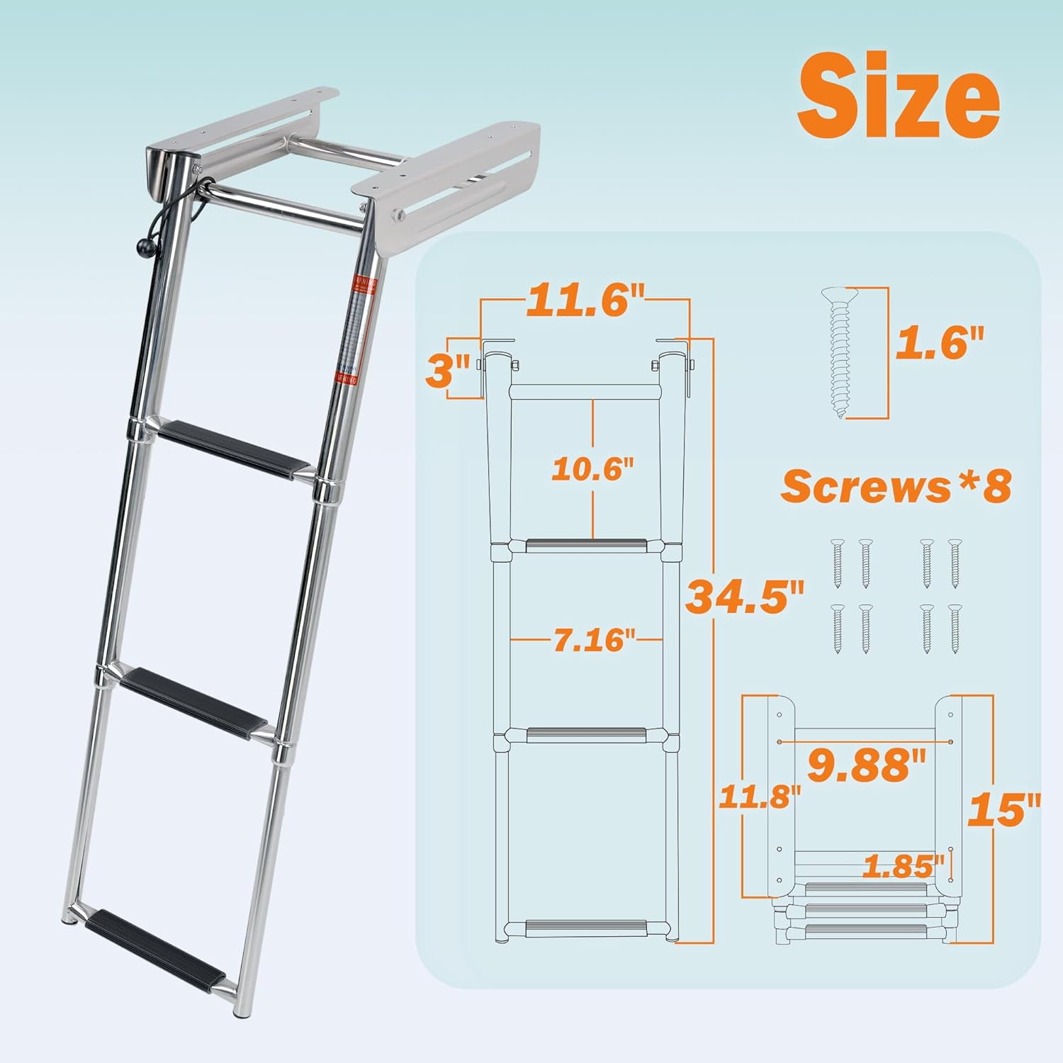 3-Step Folding Boat Ladder, Stainless Steel Under Platform Swim Ladder ...