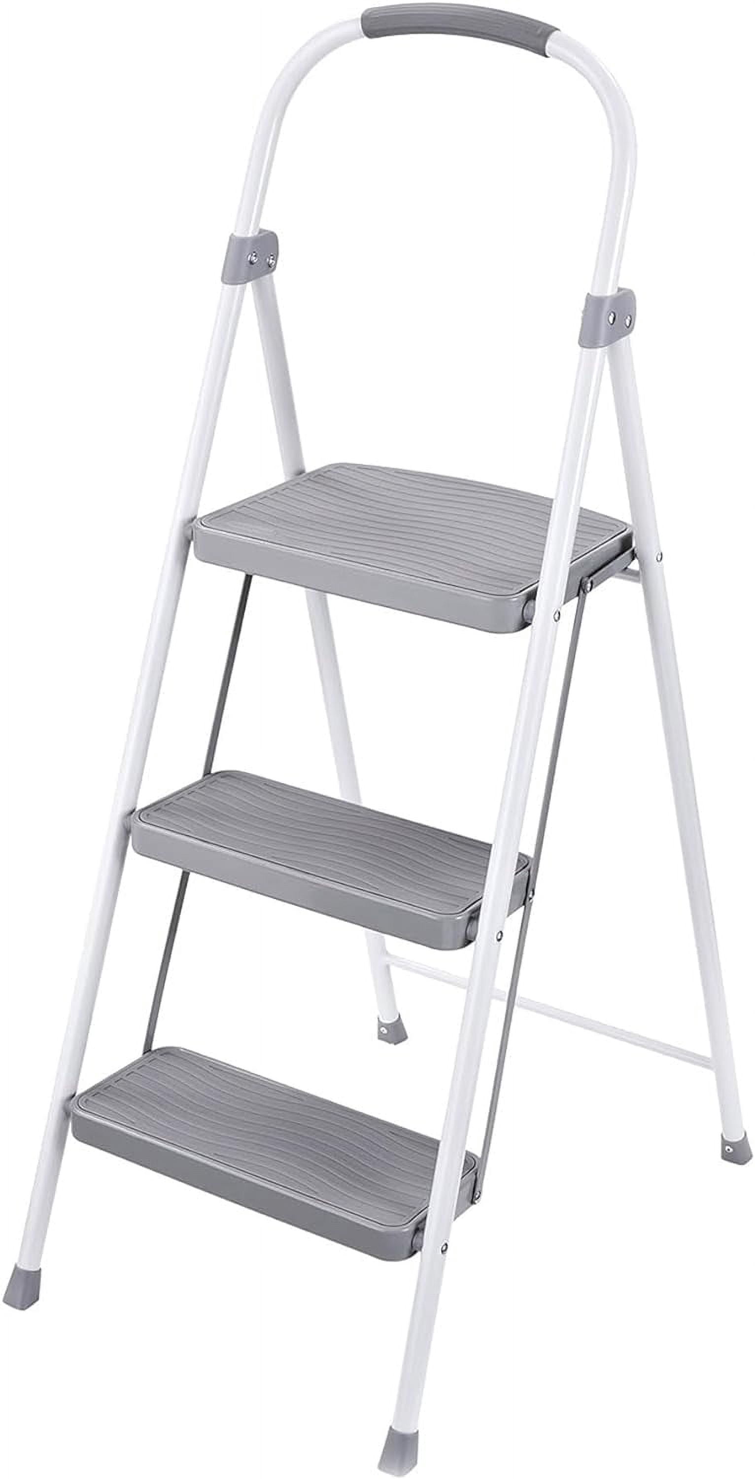 3 Step Folding Ladder, Steel Foldable Step Stool with Hand Grip, White ...