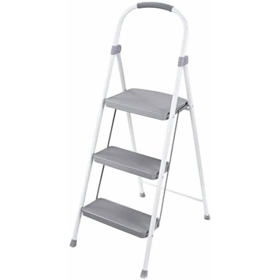 3 Step Folding Ladder, Steel Foldable Step Stool with Hand Grip, White ...