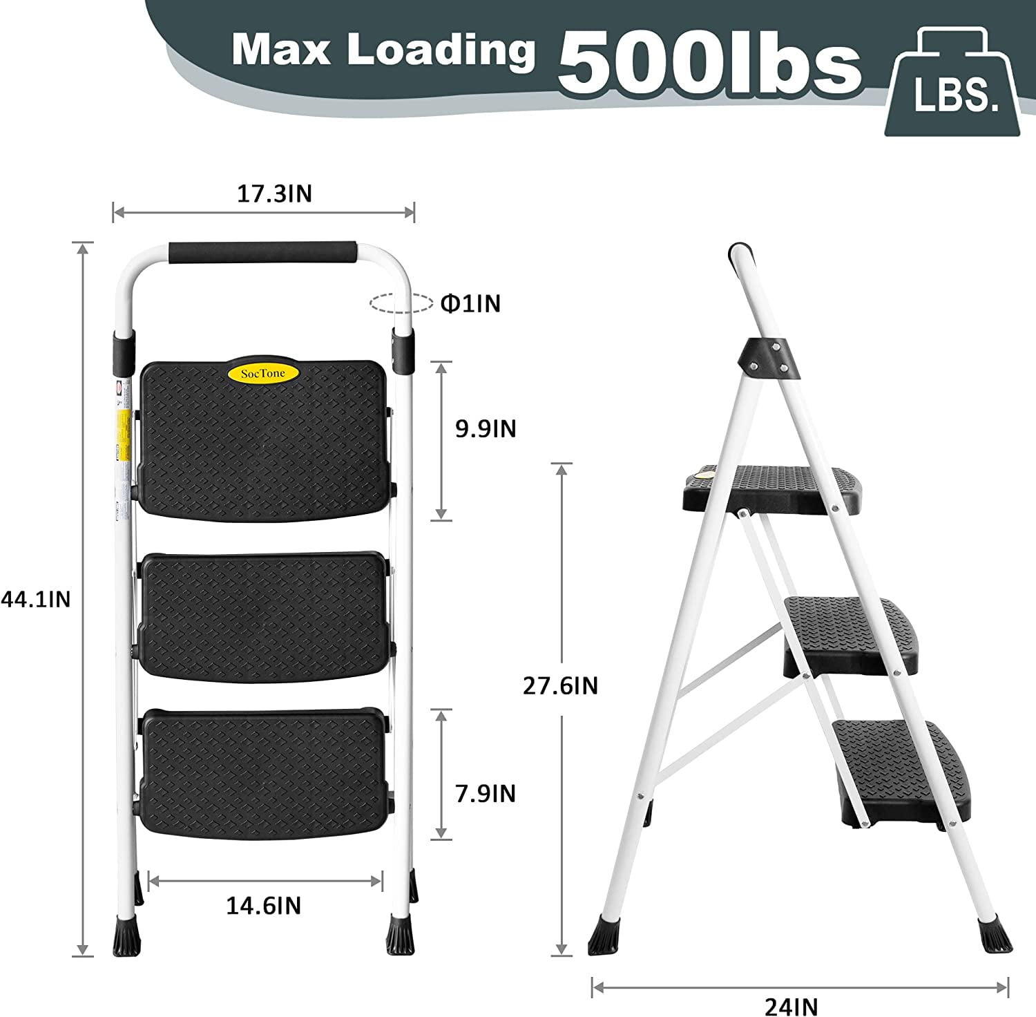 3 Step Folding Ladder with Handle, Lightweight, 500lbs Capacity, Non ...