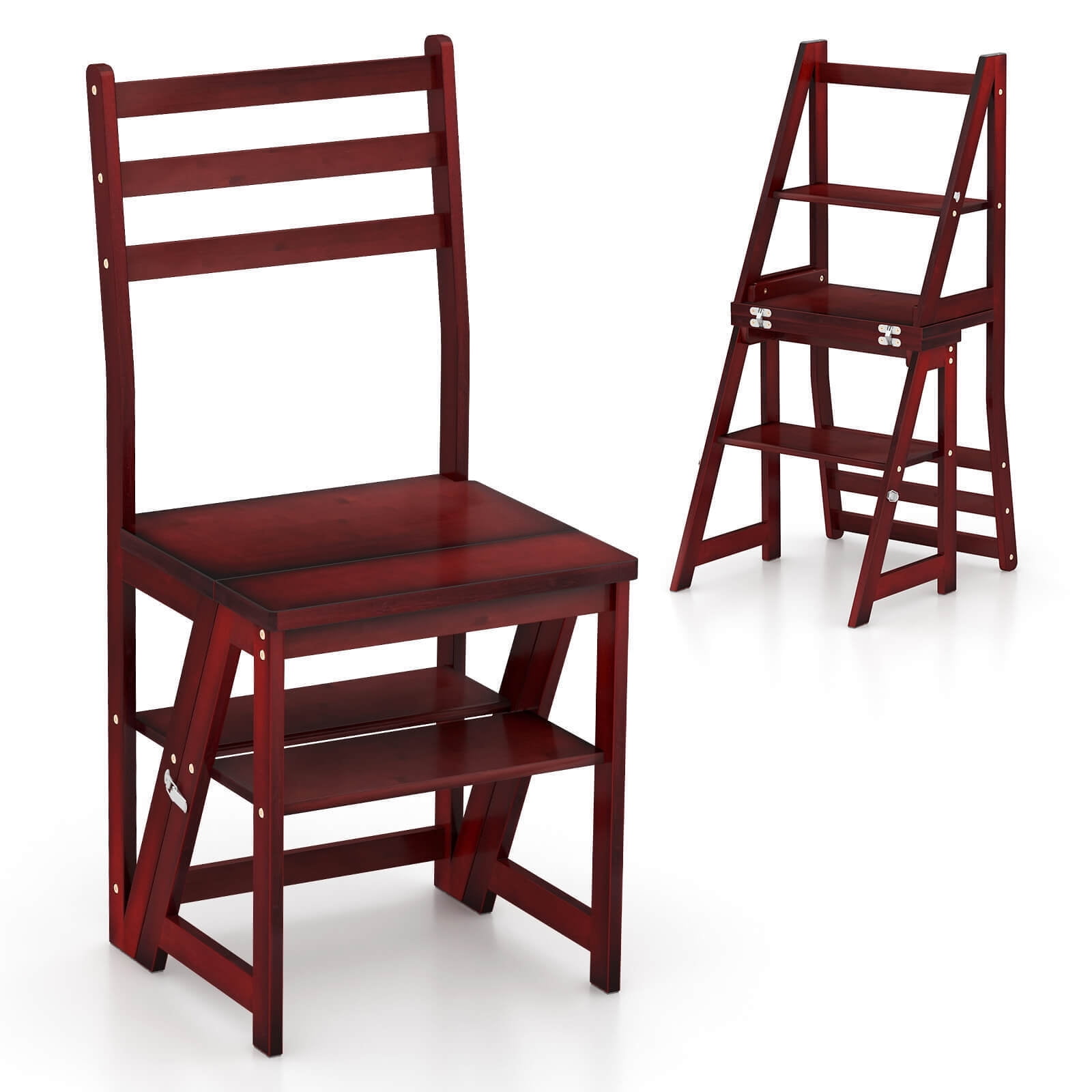 3-Step Folding Step Ladder Chair w/ Bamboo Frame Convertible Ladder ...