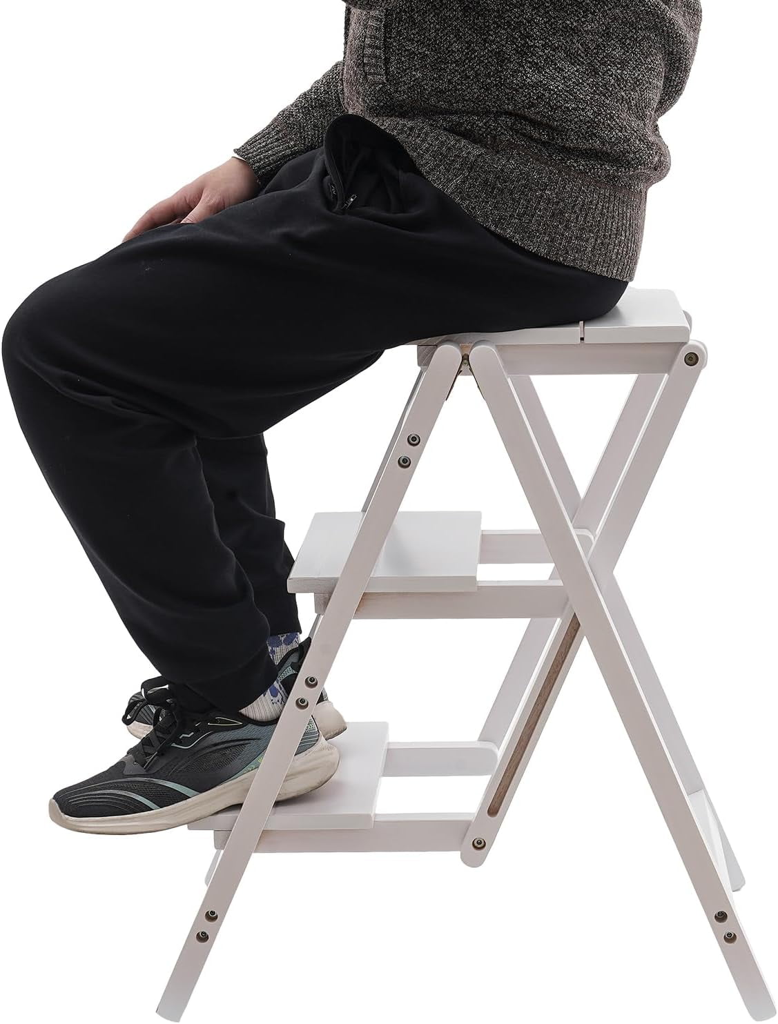 3-Step Folding Step Stool Ladder Chair, White Pinewood Kitchen Step ...