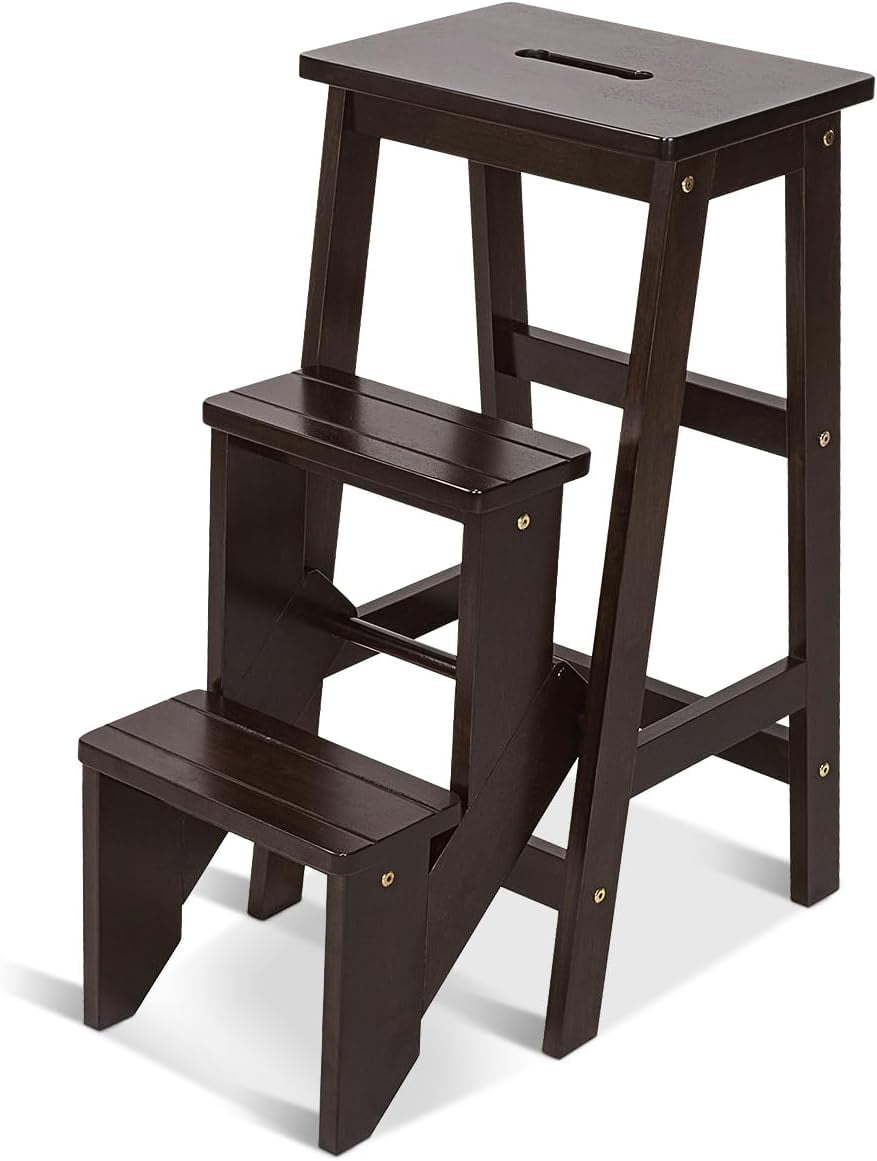 3-Step Folding Wooden Step Stool, Portable Anti-Slip Step Ladder ...