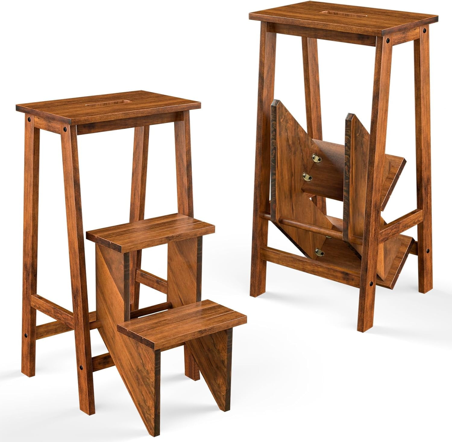 3-Step Folding Wooden Step Stool, Portable Anti-Slip Step Ladder ...