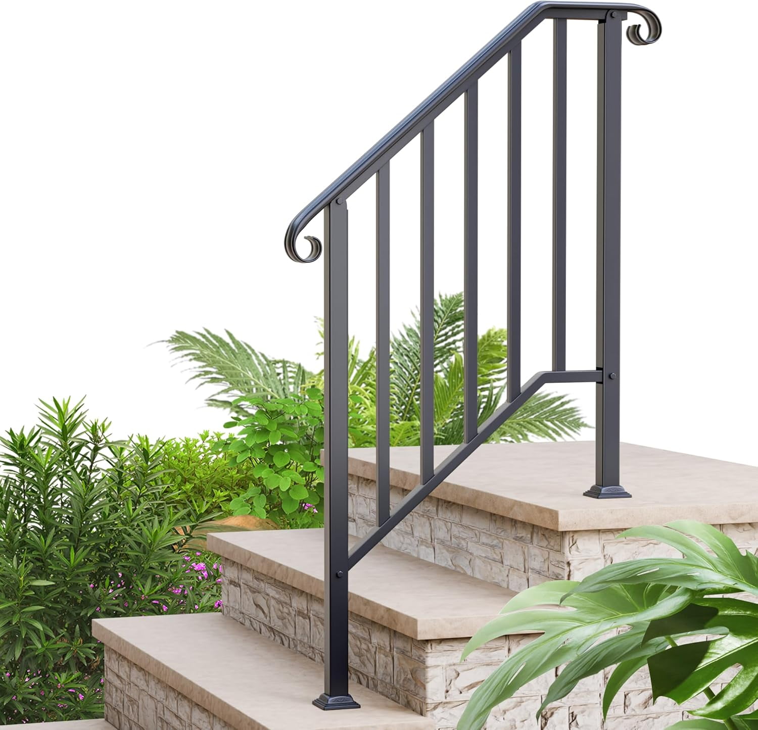 3 Step Handrails for Outdoor Steps, Wrought Iron Stair Railing, Metal ...