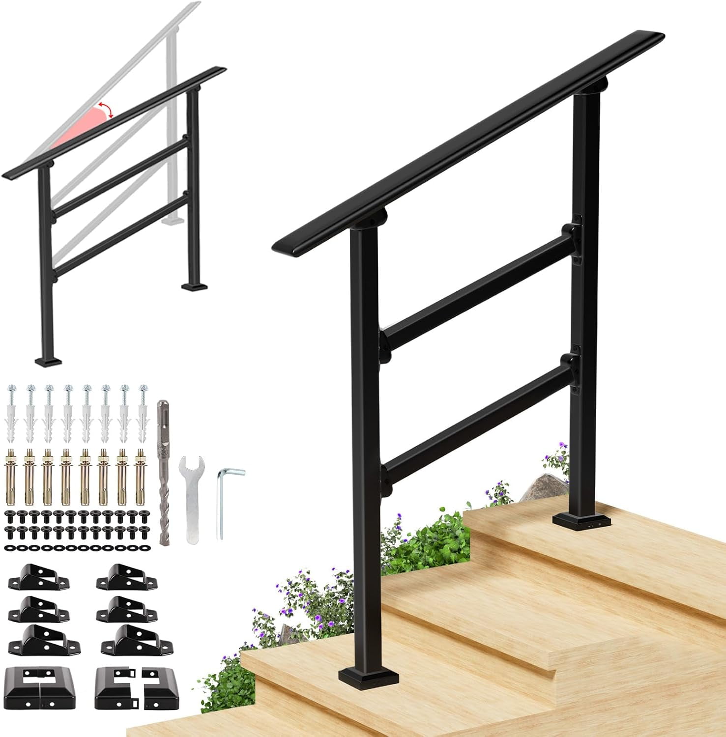 3-Step Handrails for Outdoor Steps & Indoor Stairs, Heavy Duty Iron ...