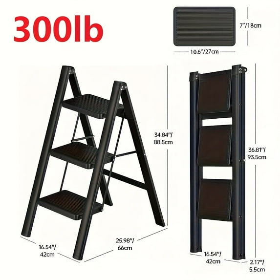 3-Step Heavy-Duty Steel Folding Ladder - Anti-Slip Wide Pedals, Handrail & Safe-Lock Design ...