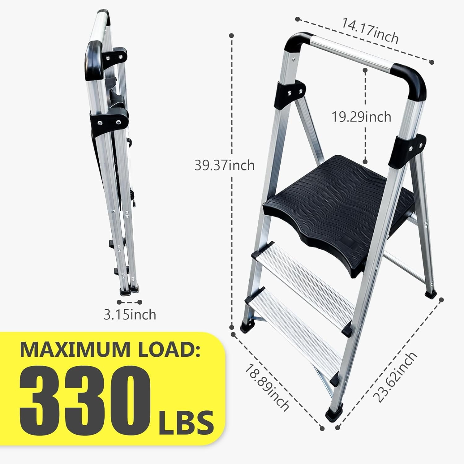 3 Step Ladder Aluminum Folding Step Stool with Wide Anti-Slip Pedal ...