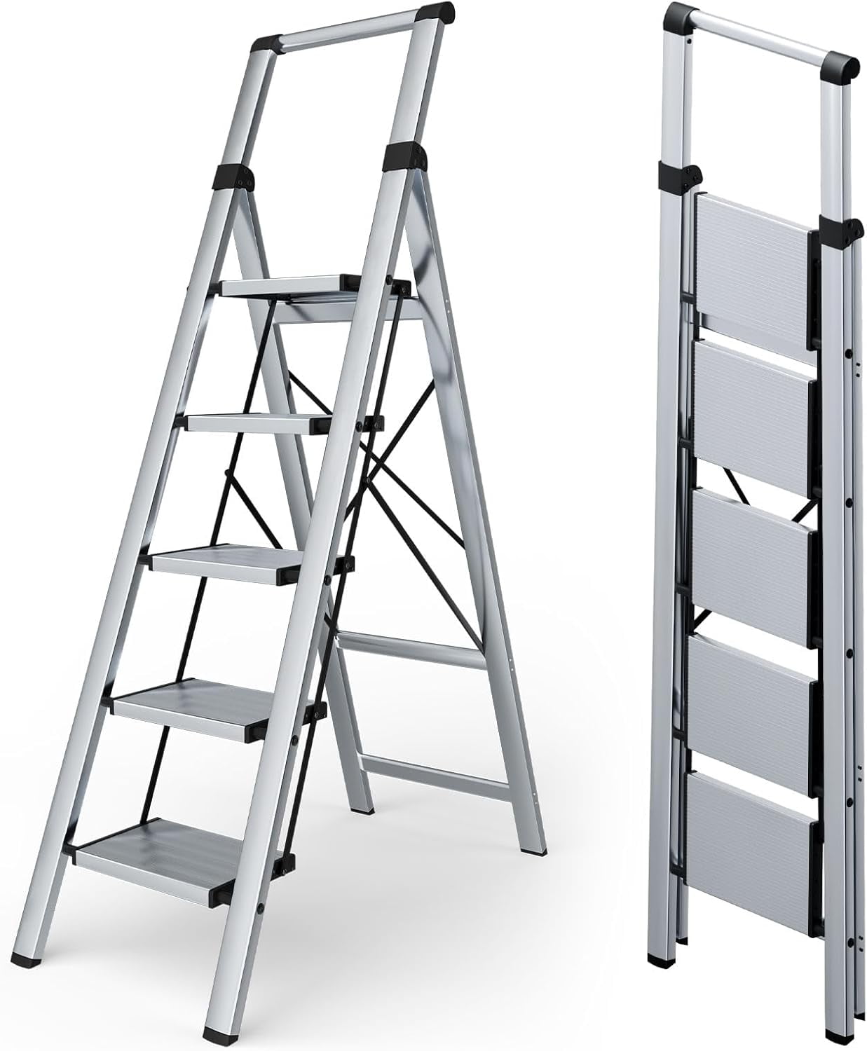 3 Step Ladder,Aluminum Lightweight Folding 3 Step Stool with Anti-Slip ...