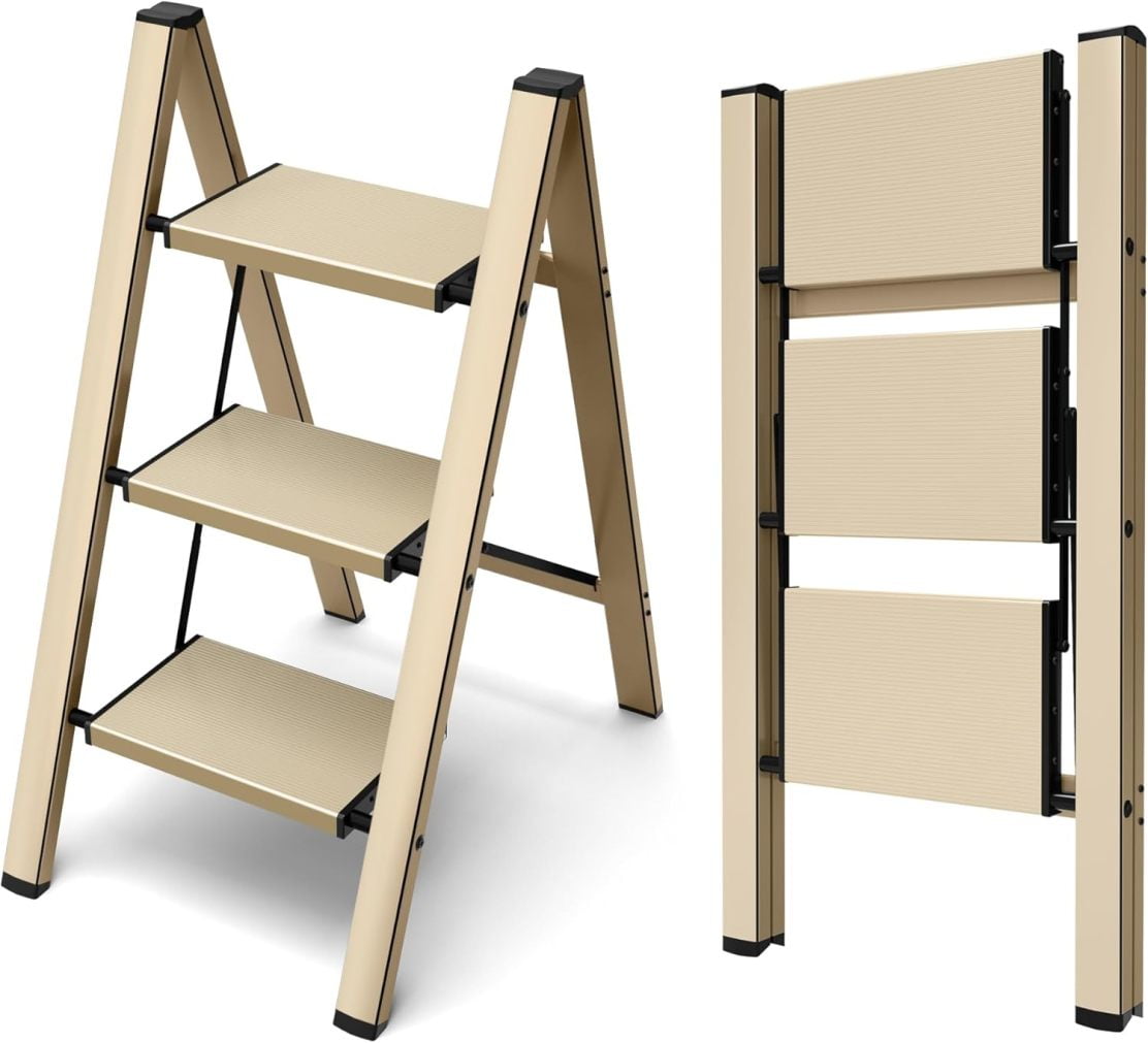3 Step Ladder, Aluminum Lightweight Folding 3 Step Stool with Anti-Slip ...