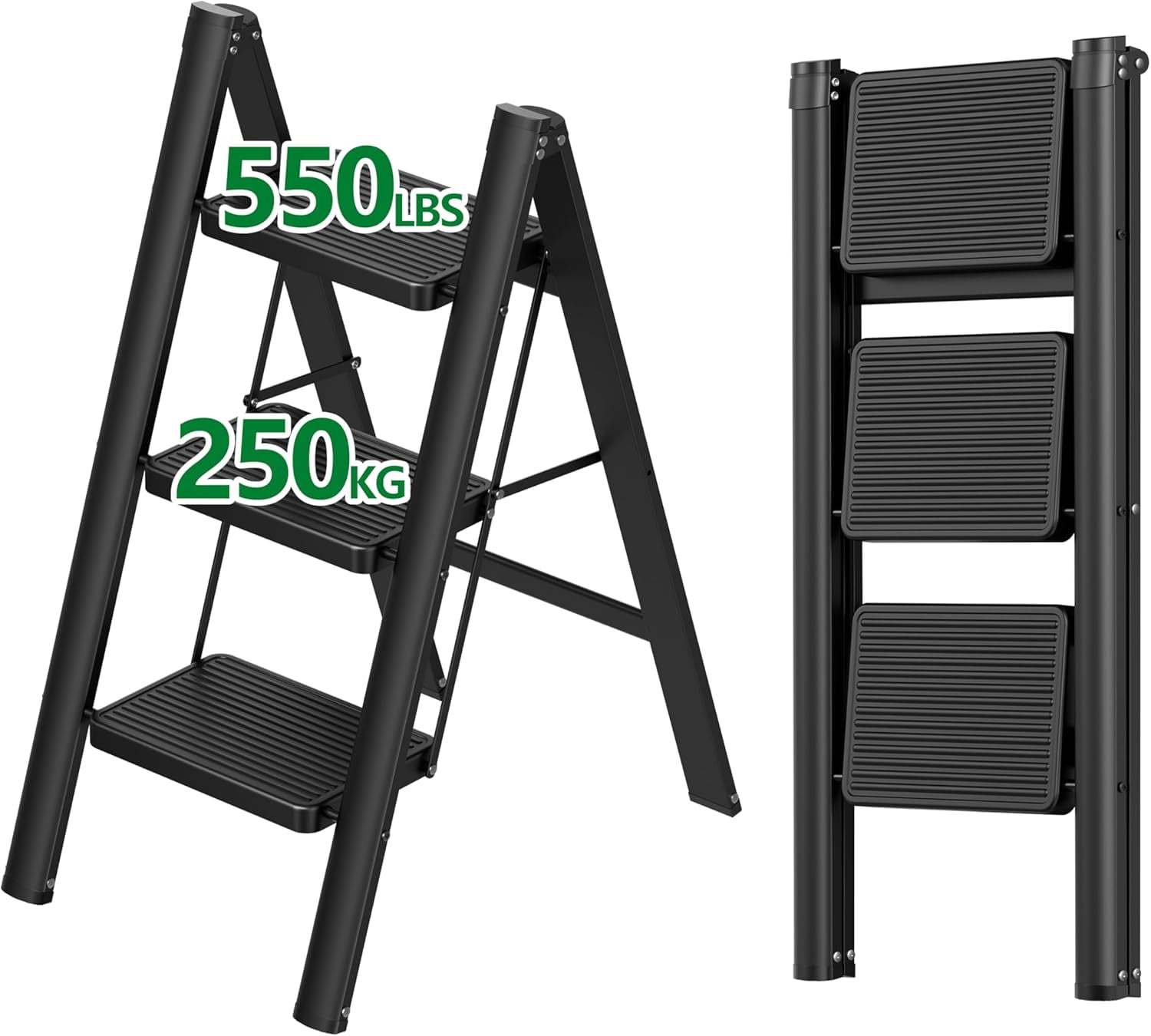 3 Step Ladder, Carbon Steel Ladder with Anti-Slip Pedal, Lightweight ...