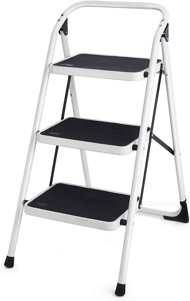 3 Step Ladder, Folding Steel Ladder with Handgrip and Wide Anti-Slip ...