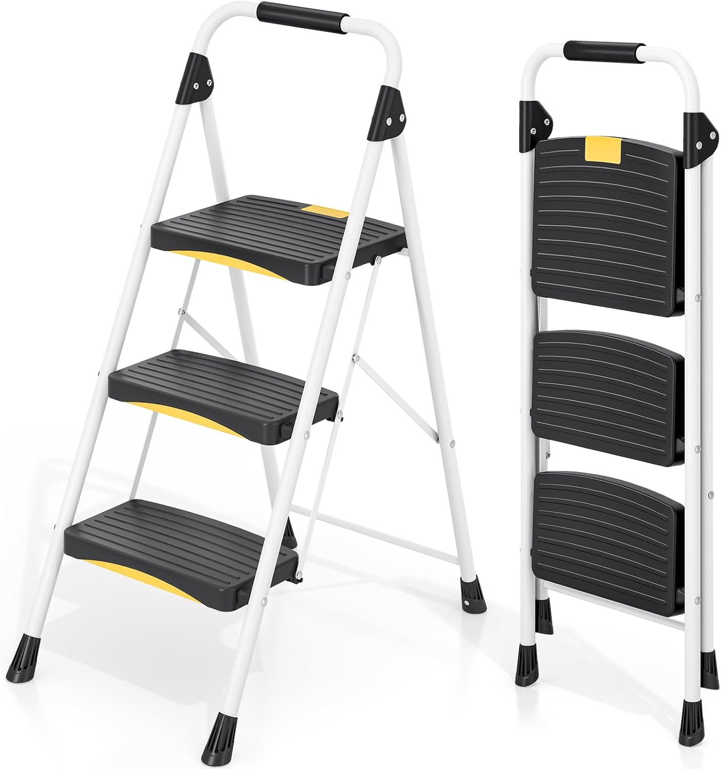 3 Step Ladder, Folding Steel Step Stool with Safety Lock, Anti-Slip ...