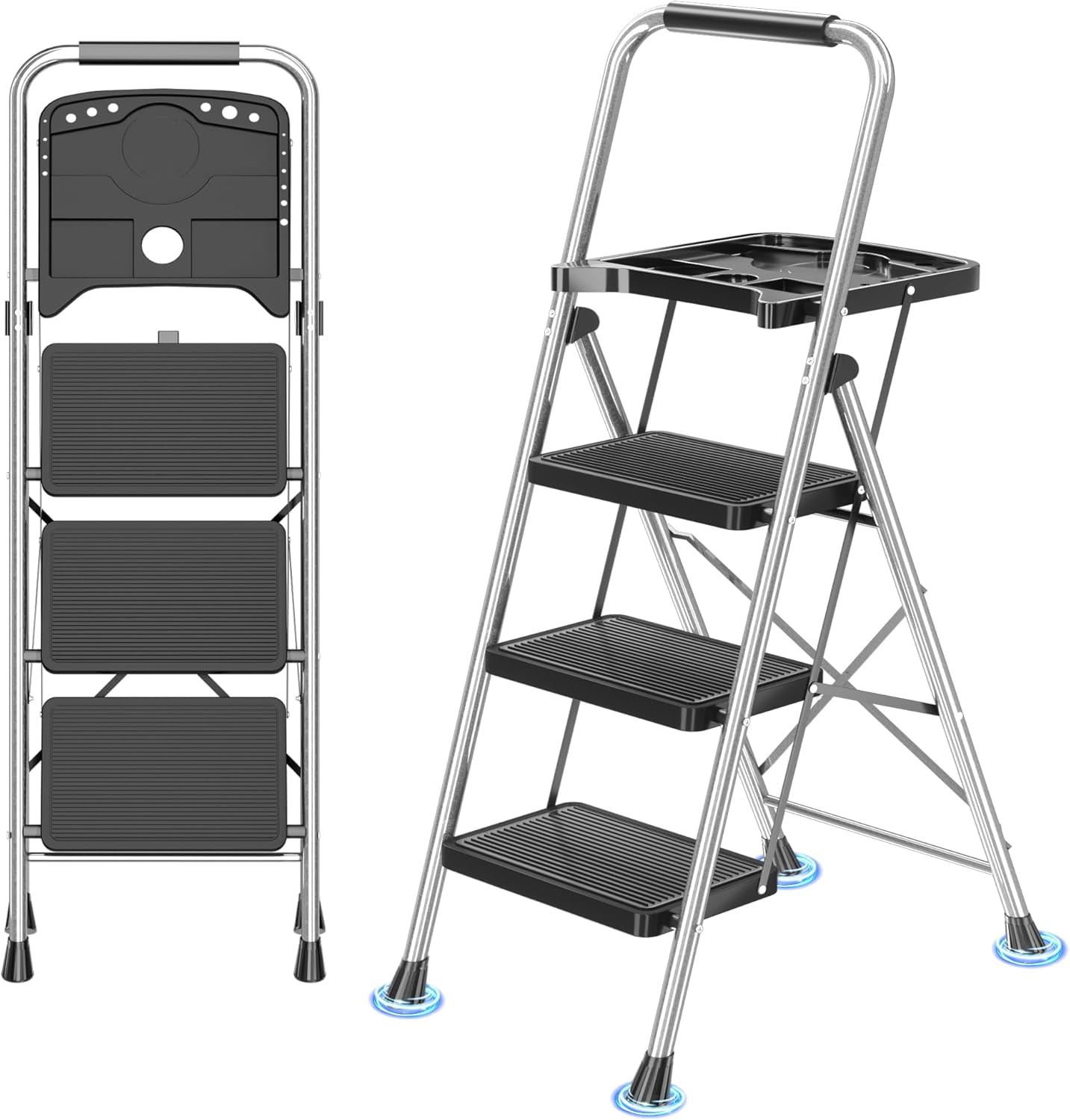 MY 3 Step Ladder, Folding Step Stool with Tool Platform, Wide Anti-Slip ...
