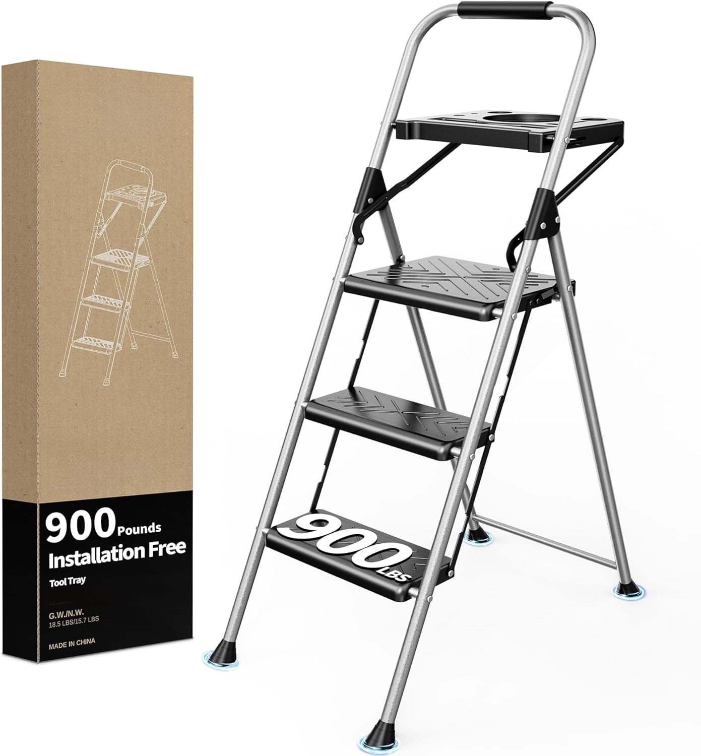 3 Step Ladder, Folding Step Stool with Tool Platform, Wide Anti-Slip ...