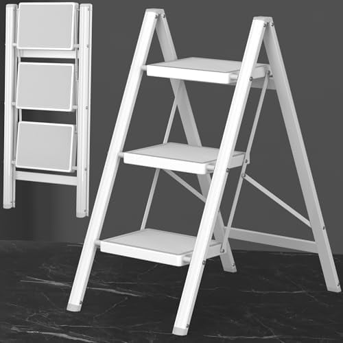 3 Step Ladder, Folding Step Stool with Anti-Slip Wide Pedal, Anti-Slip ...