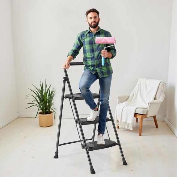 3 Step Ladder, Folding Step Stool with Wide Anti-Slip Pedal and ...
