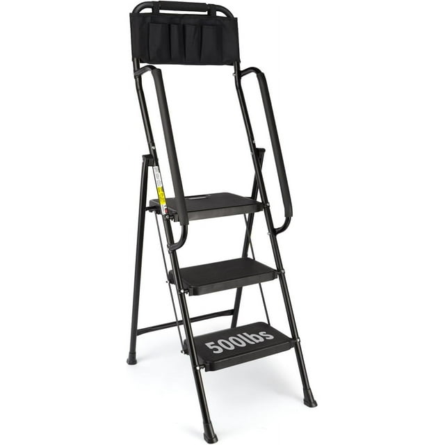 3 Step Ladder with Handrails,500 Lbs Capacity,Folding Step Stool Ladder ...