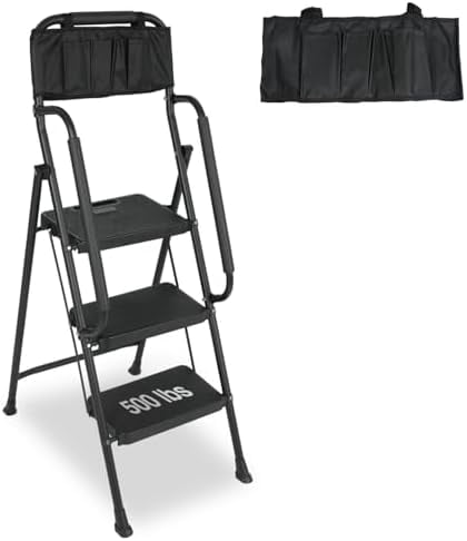 3 Step Ladder with Handrails & Attachable Tool Bag, 500 lbs Folding ...