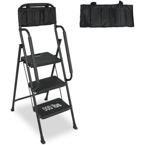 3 Step Ladder with Handrails & Attachable Tool Bag, 500 lbs Folding ...