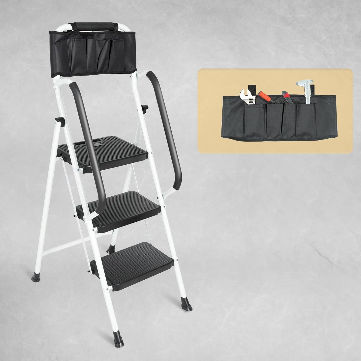 3 Step Ladder with Handrails & Detachable Tool Bag, Lightweight ...