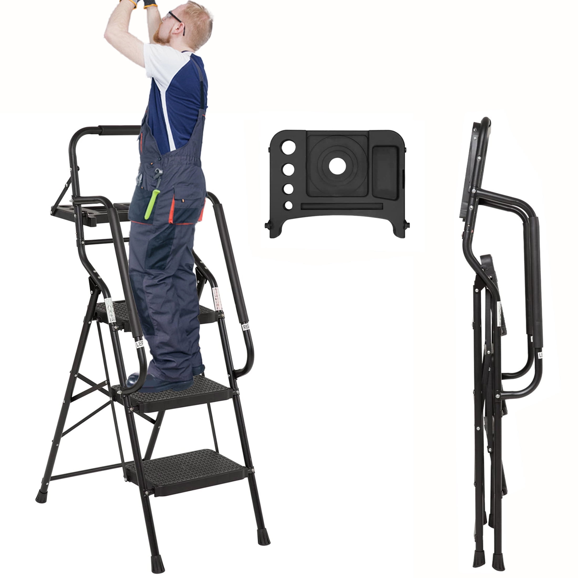 3 Step Ladder with Handrails, Foldable Ladder with Tool Plateform ...