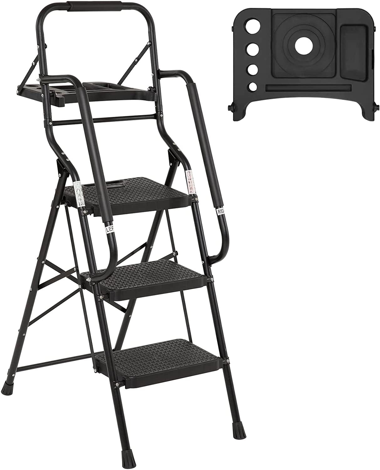 3 Step Ladder with Handrails Folding Step Stool with Tool Plateform ...