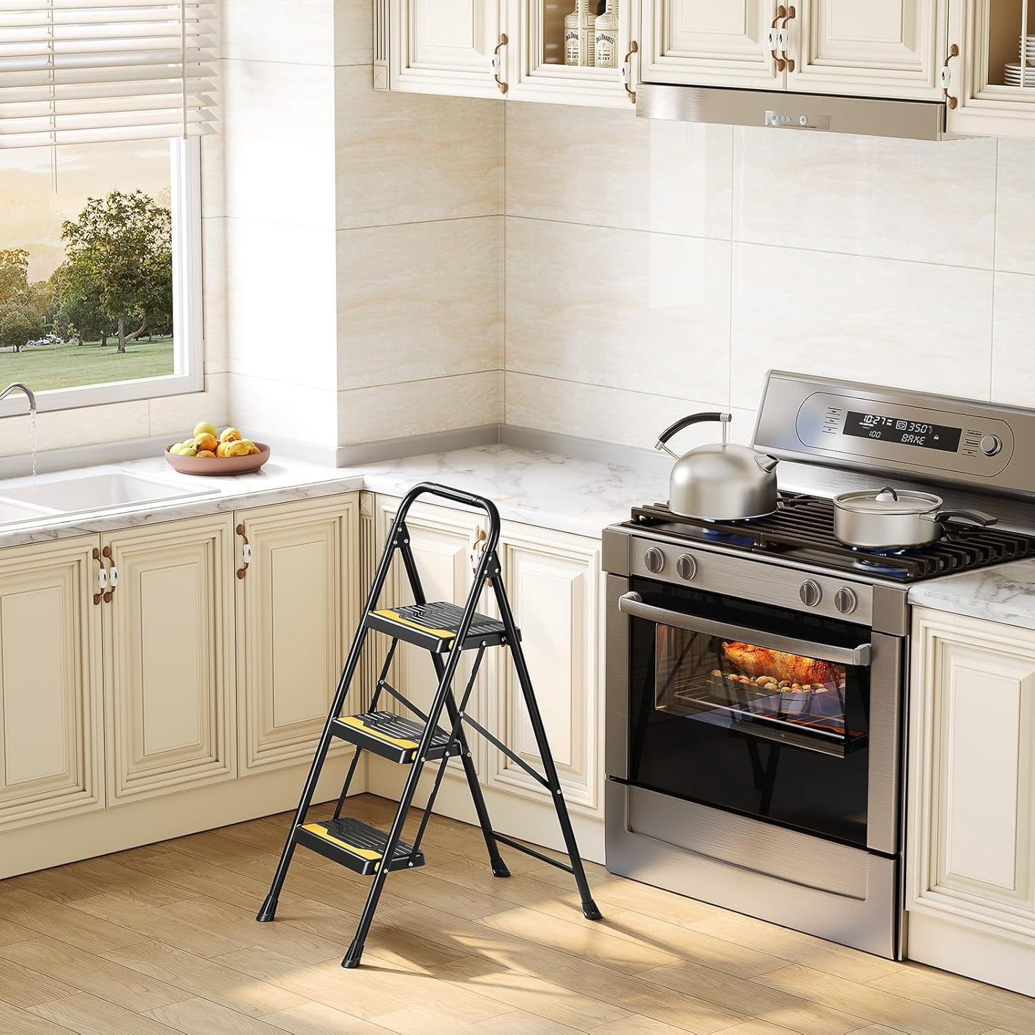 3 Step Ladder, Heavy-Duty 800lb Capacity, Wide Anti-Slip Steps & Secure ...