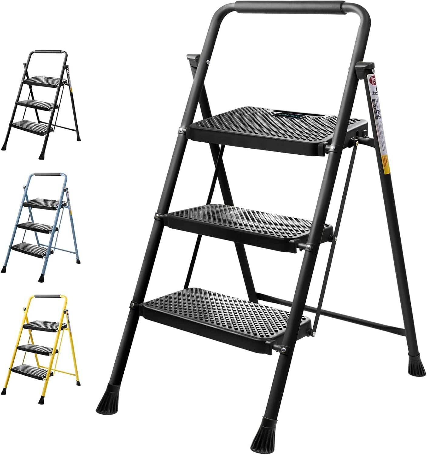 3 Step Ladder, Heavy Duty Foldable Step Stool, Portable Steel Folding ...