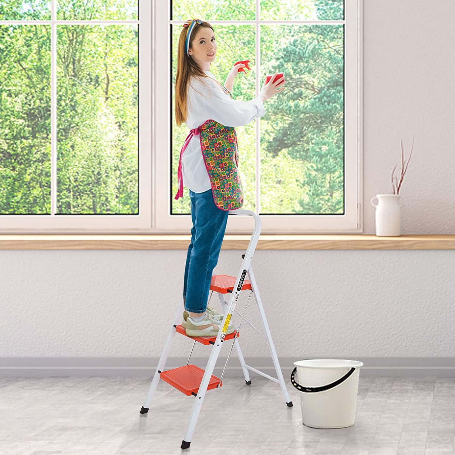 3 Step Ladder, Lightweight Foldable Step Stool with Handgrip, Anti-Slip ...