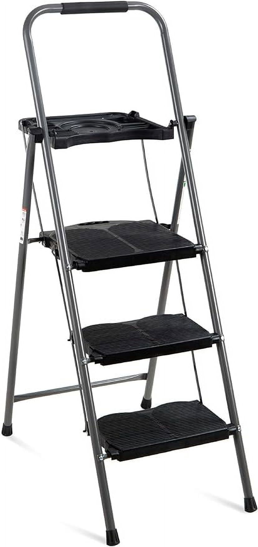 3-Step Ladder, Portable Folding Anti-Slip Step Stool w/Utility Tray ...
