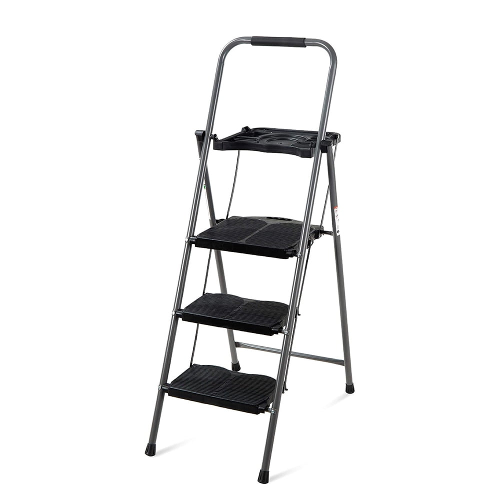 3-Step Ladder, Portable Folding Anti-Slip Step Stool w/Utility Tray ...