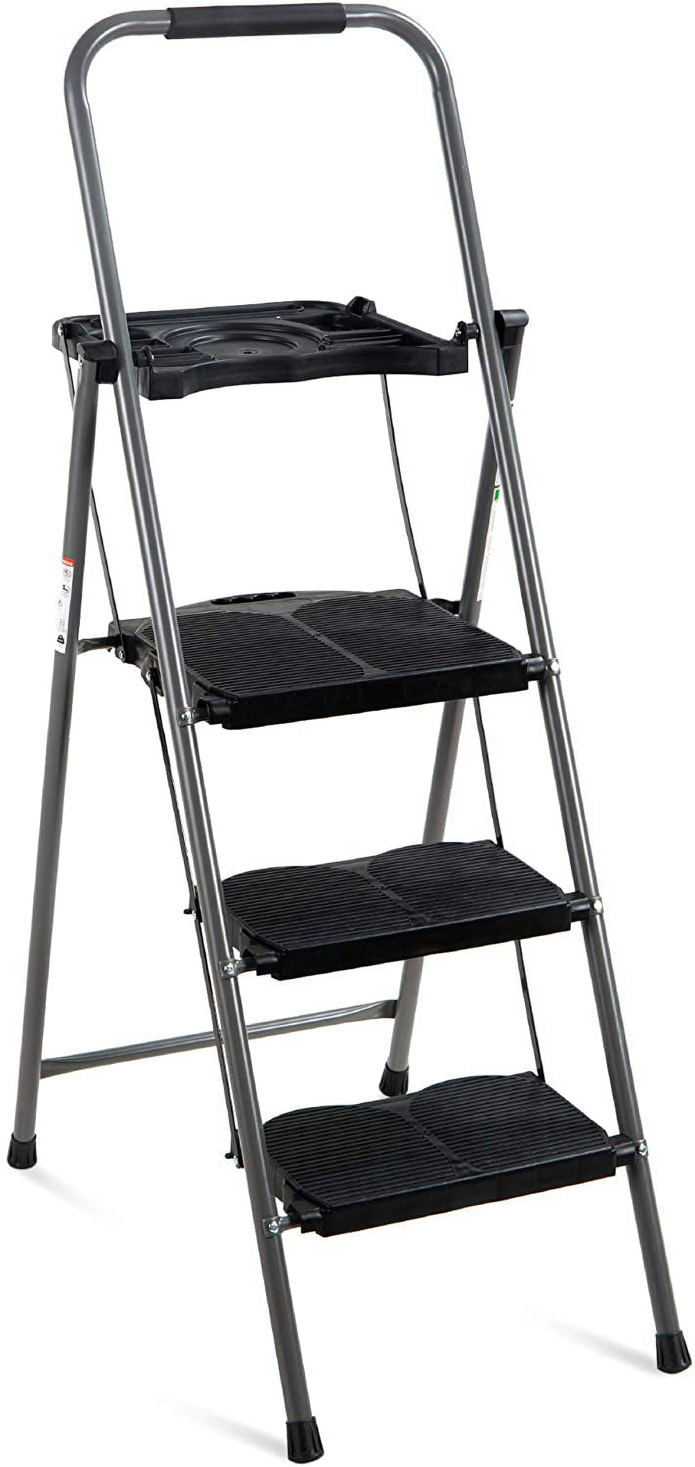 3-Step Ladder, Portable Folding Anti-Slip Step Stool w/Utility Tray ...