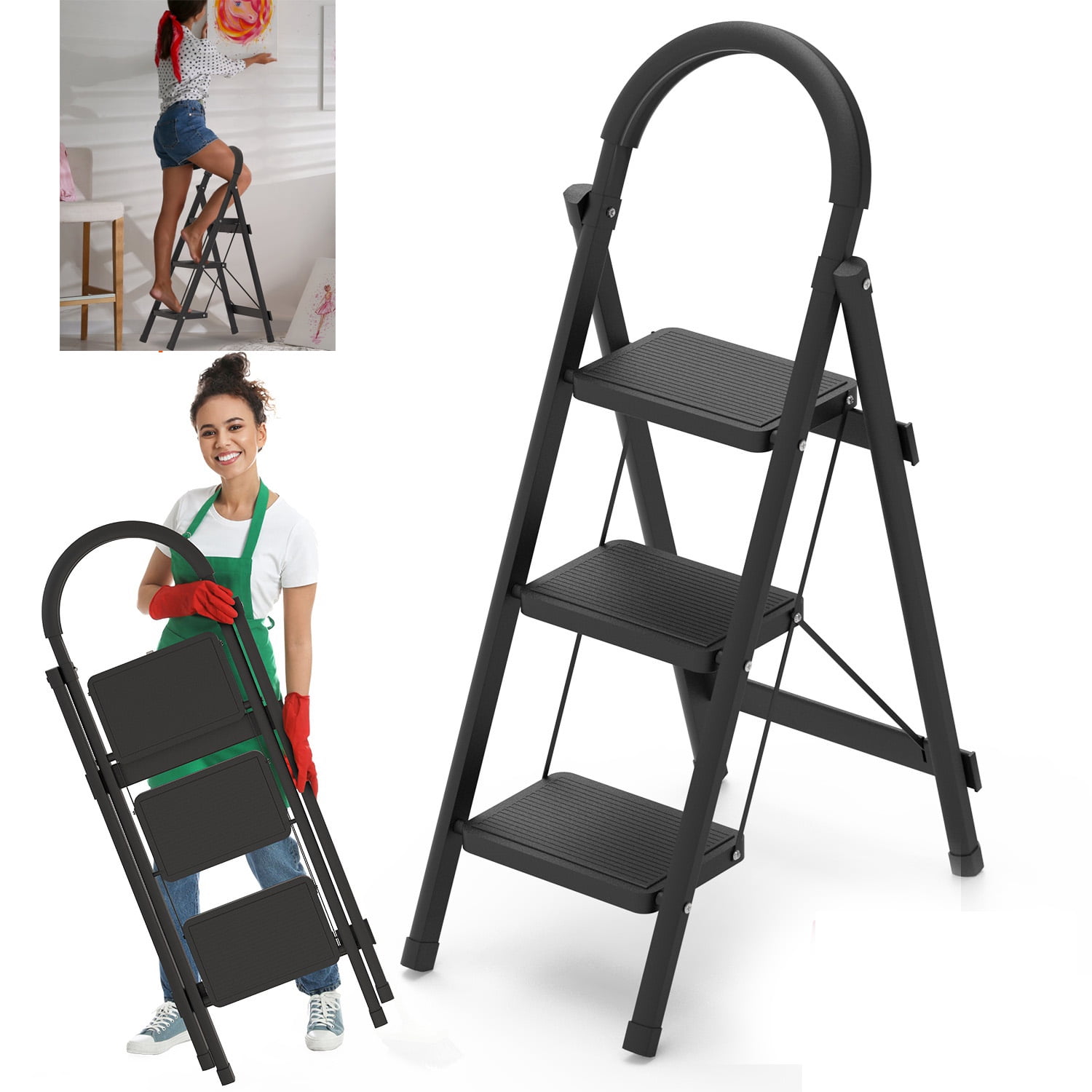 3 Step Ladder Protable Folding Step Stool with Sponge Anti-Slip Pedal ...