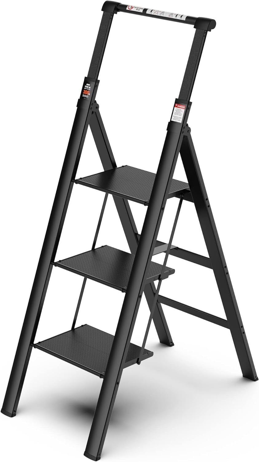 3 Step Ladder, Retractable Handgrip Folding Step Stool, Safety ...
