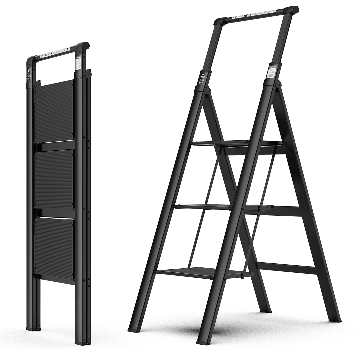 3 Step Ladder, Retractable Handgrip Folding Step Stool with Anti-Slip ...