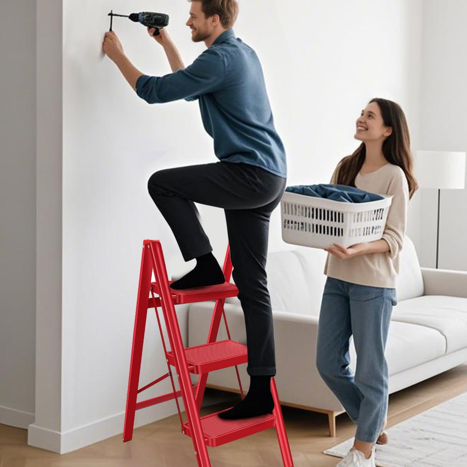 3 Step Ladder Stool for Adults, Folding Steel Step Stool /Wide Anti ...