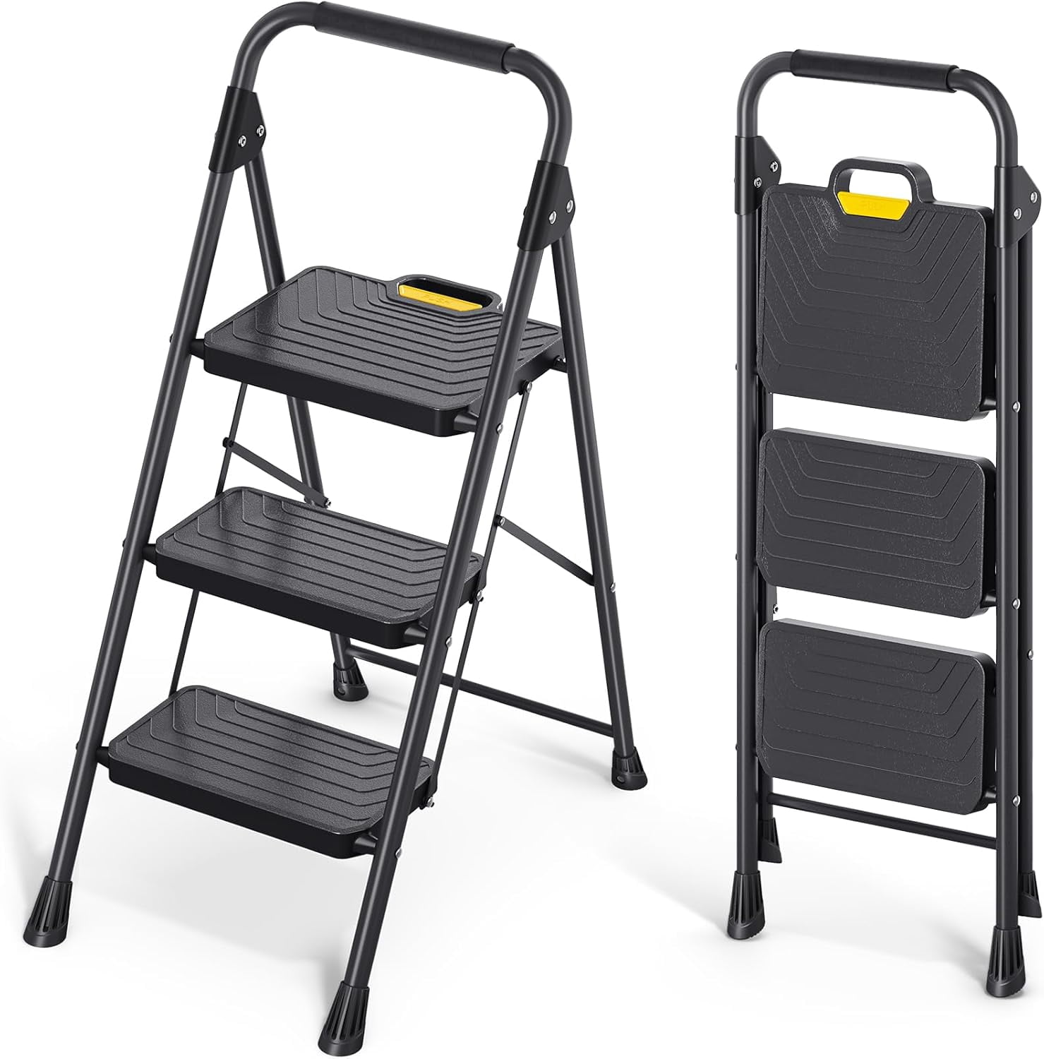 3 Step Ladder, Sturdy Steel Step Stool with Anti-Slip Wide Pedals, Handrail, Safe-Lock Design ...