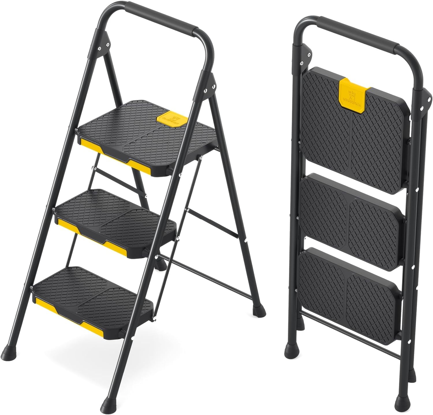3 Step Ladder, Sturdy Steel Step Stool with Safe-Lock Design, Handrail ...