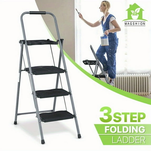 3 Step Ladder with Tool Platform, Wide Anti-Slip Pedals, Portable Iron ...