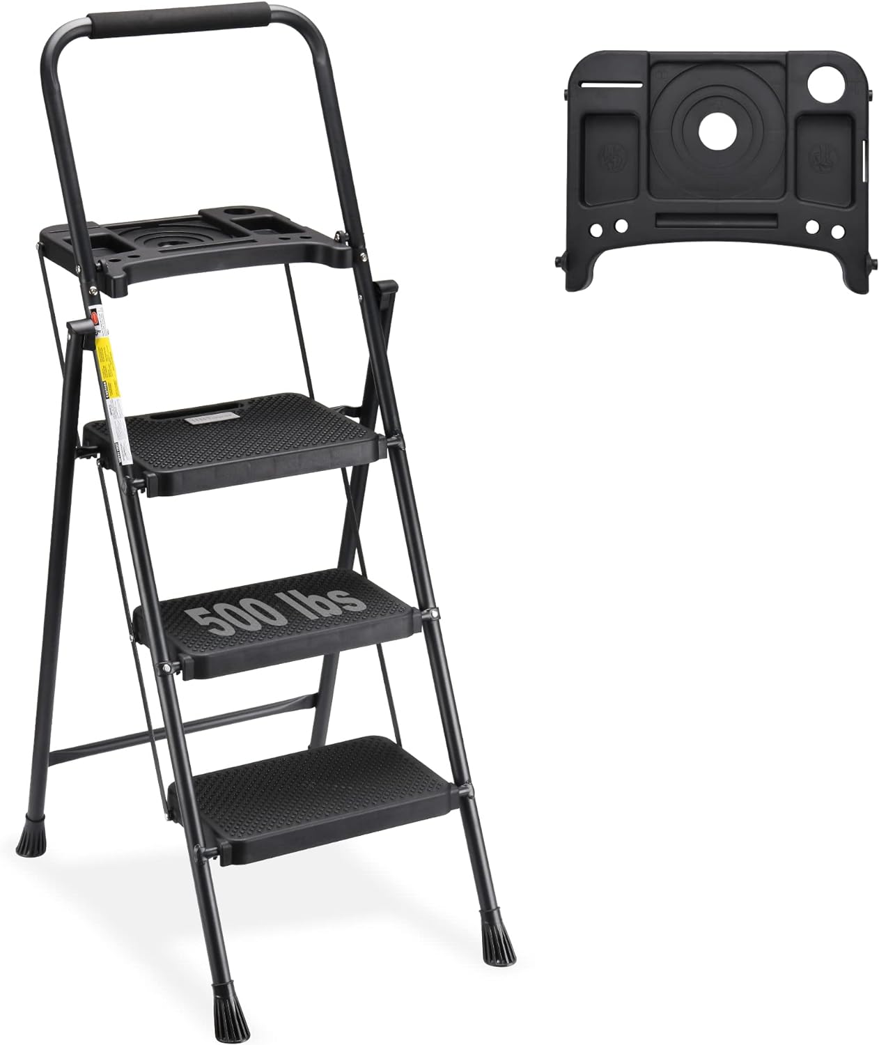 3 Step Ladder with Tool Tray, Folding Step Stool with Wide Non-Slip ...
