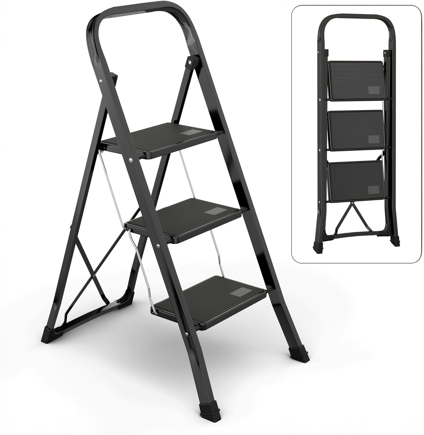 3-Step Ladder with Wide Anti-Slip Platform & Thick Rubber Feet ...