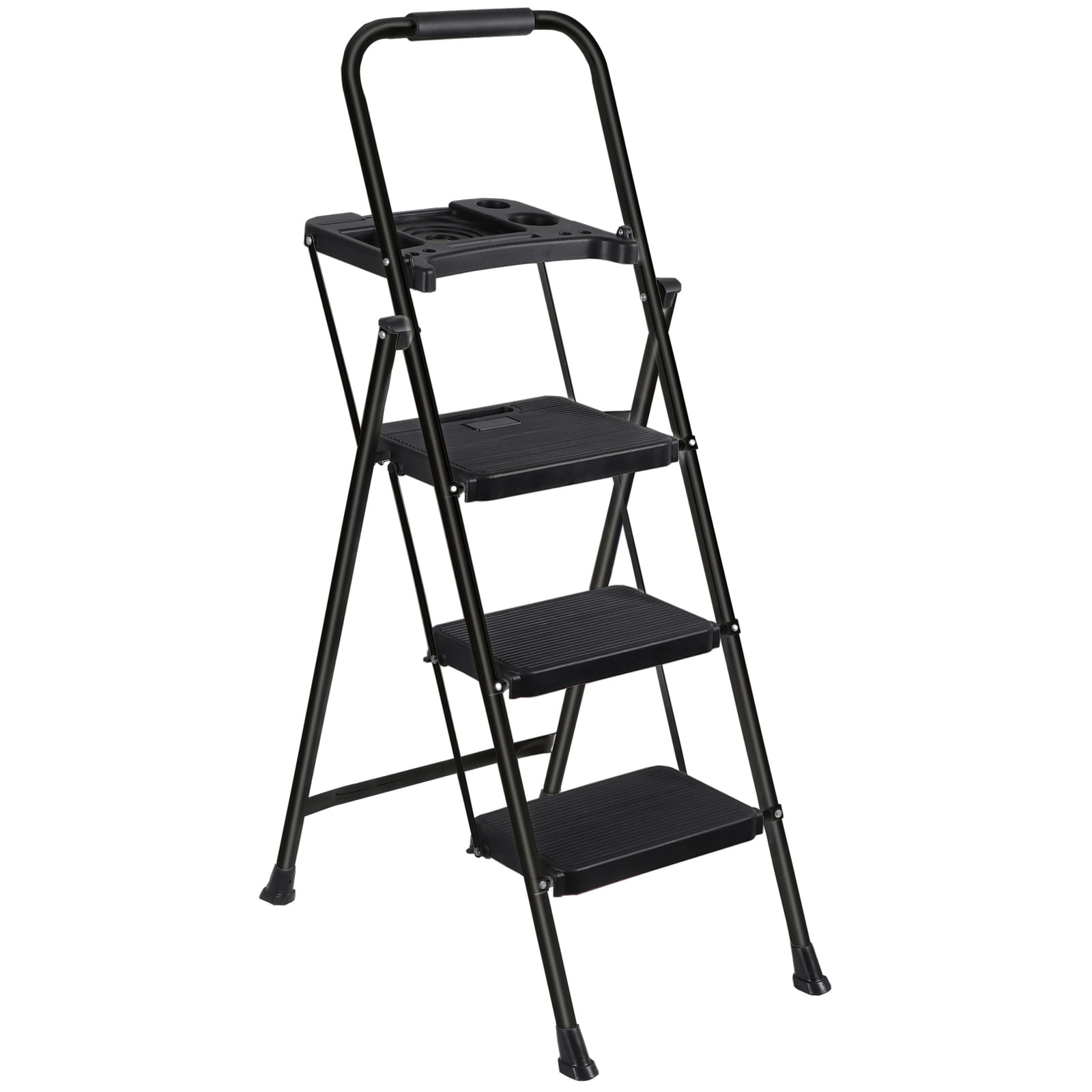 3-Step Ladder w/ Tool Tray Portable Folding Wide Anti-Slip Step Stool ...