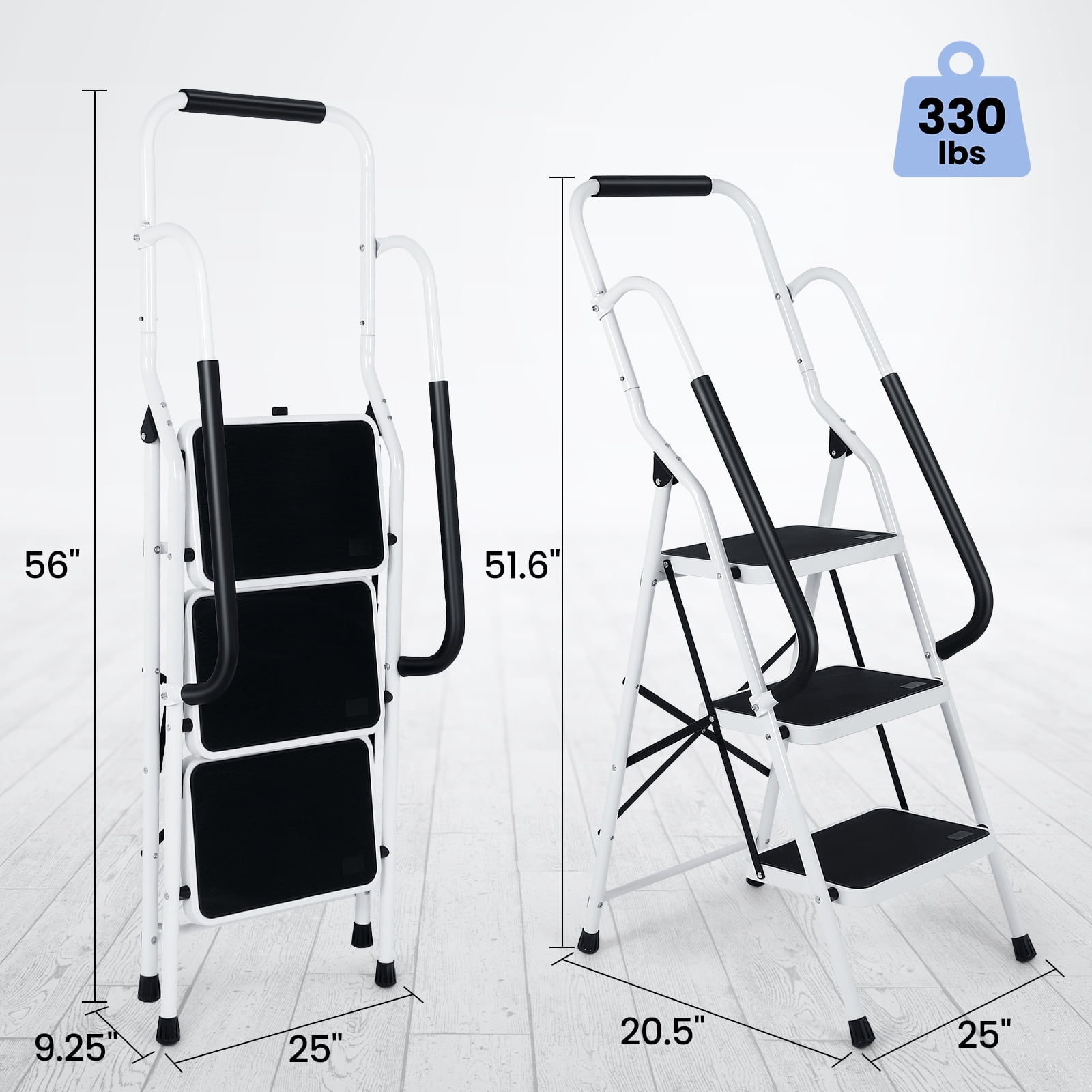 3 Step Ladder with Handrails, Portable Folding Step Stool with Safety ...