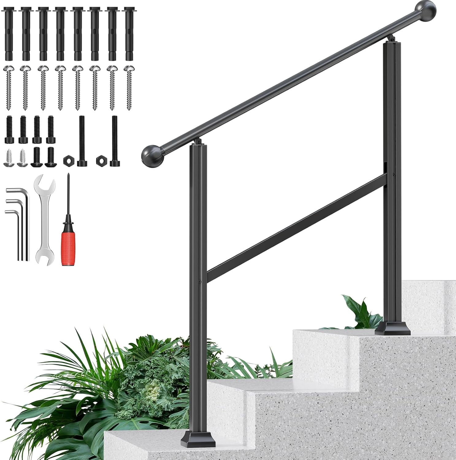 3-Step Outdoor Stair Handrail Kit, Heavy Duty Aluminum Alloy Adjustable ...